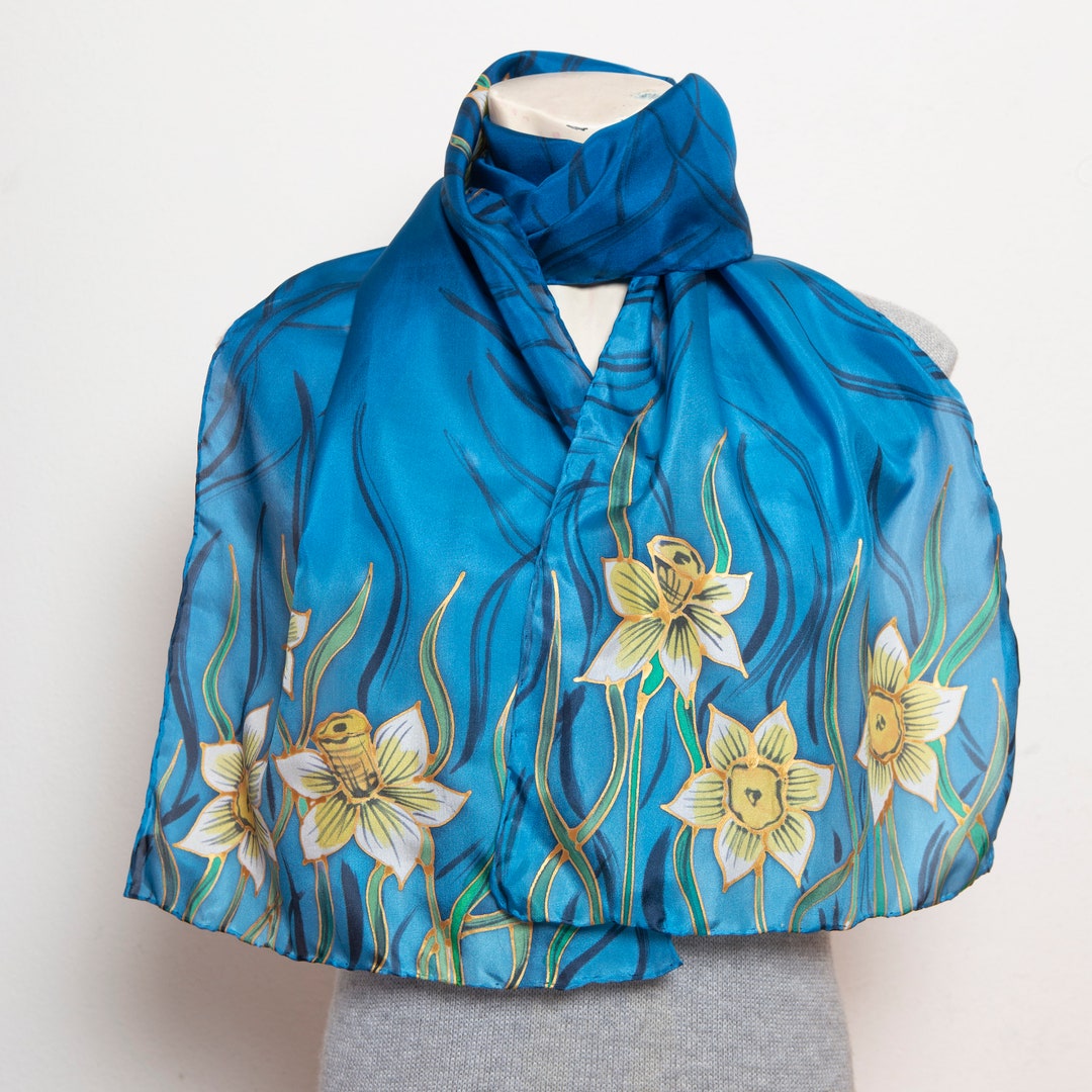Daffodils Hand Painted Blue Yellow Floral Print Silk Scarf Easter ...