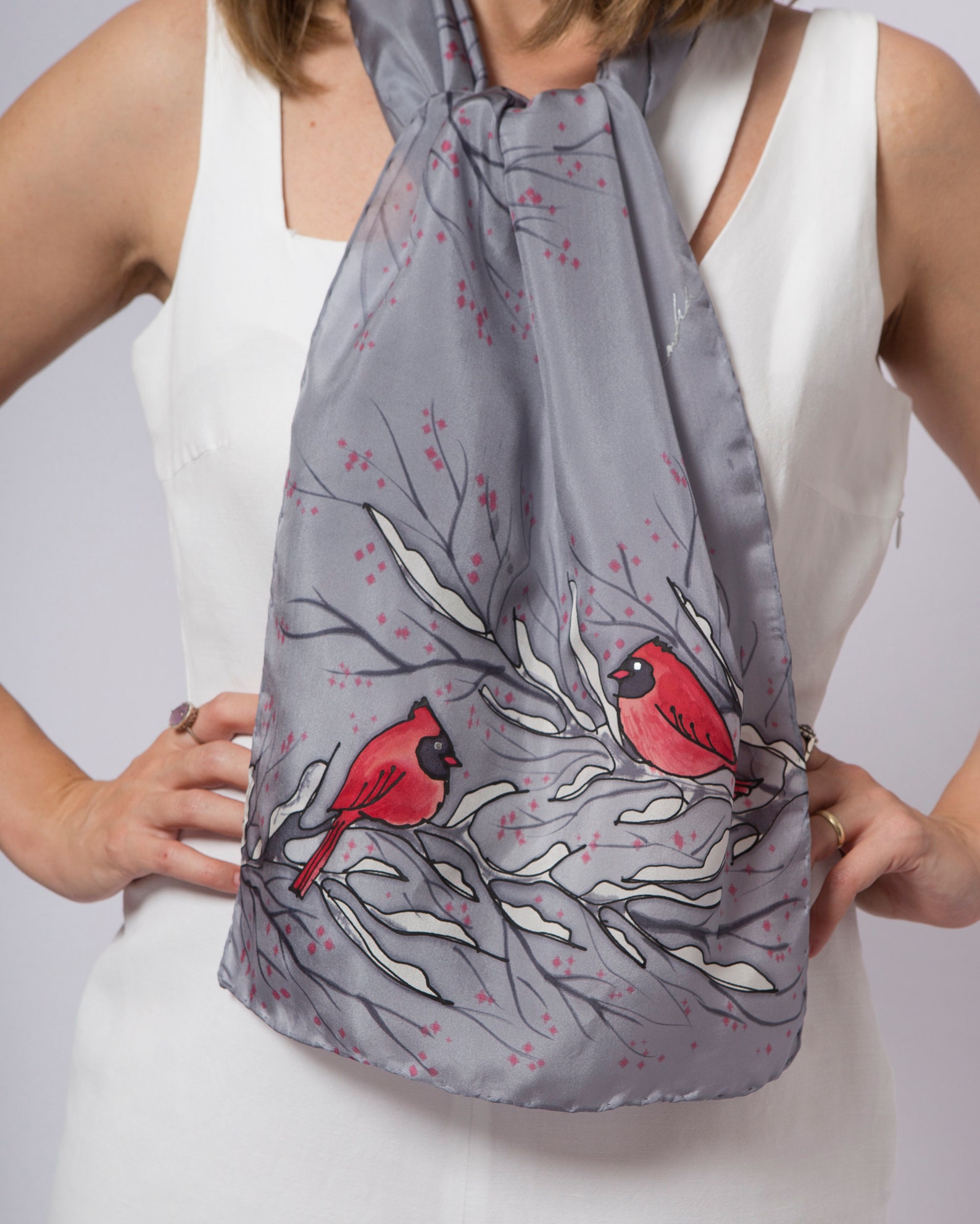 Cardinal Bird Scarf Hand Painted Silk Scarf Red Cardinal Grey - Etsy