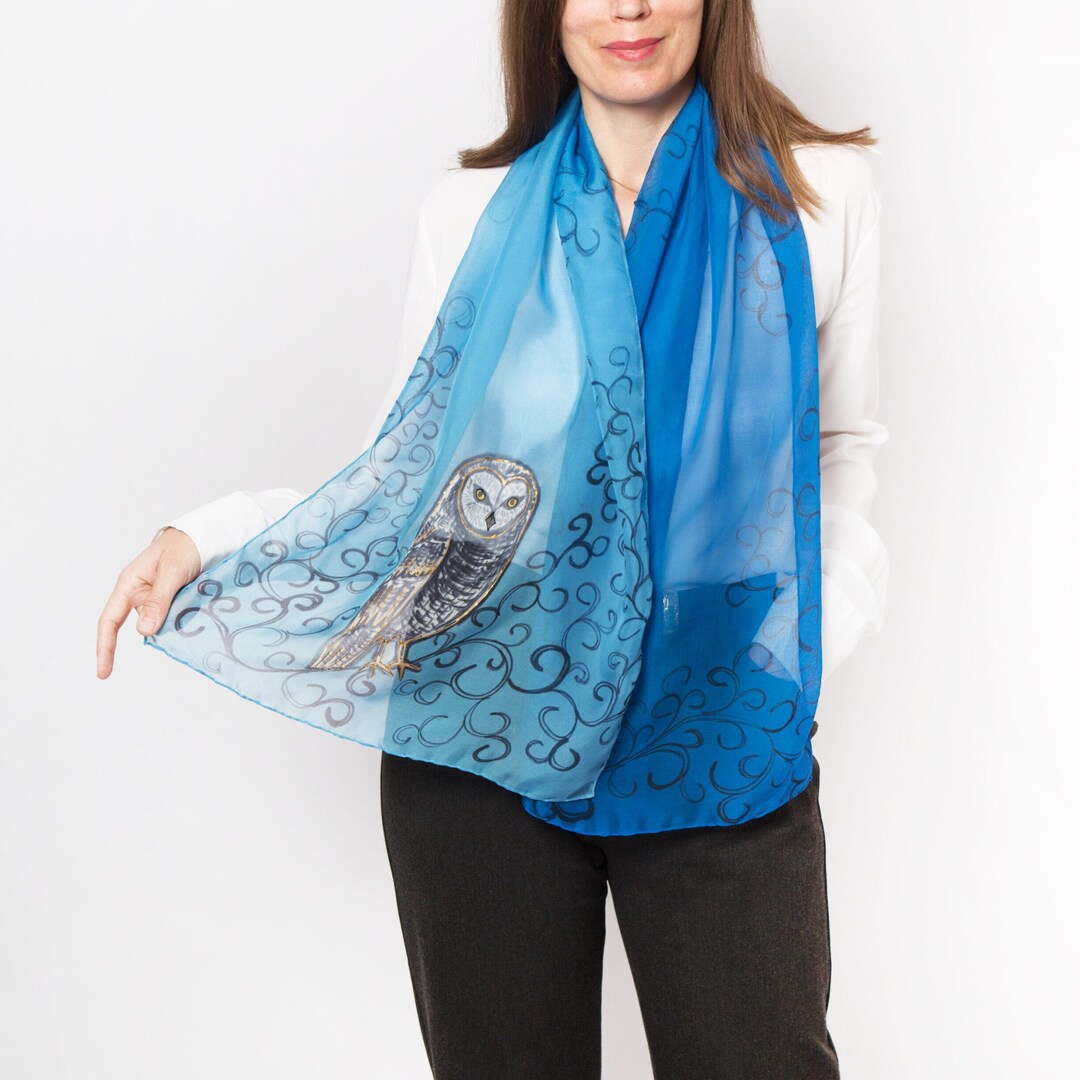 Owl Scarf Hand Painted Silk Scarf Owl Print Scarf Bird Print Scarf Blue ...