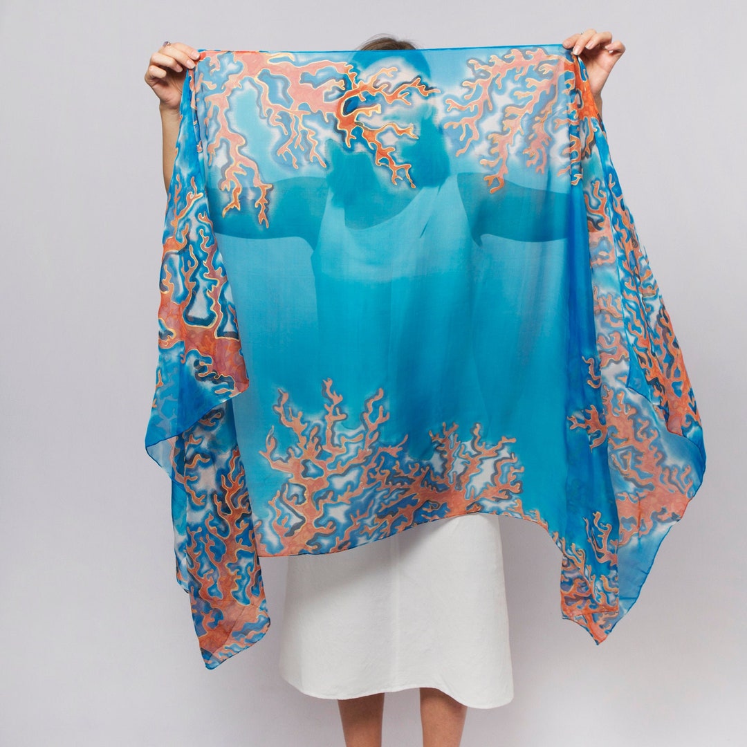 Coral Reef Hand Painted Blue Silk Chiffon Scarf Nautical Sarong ...