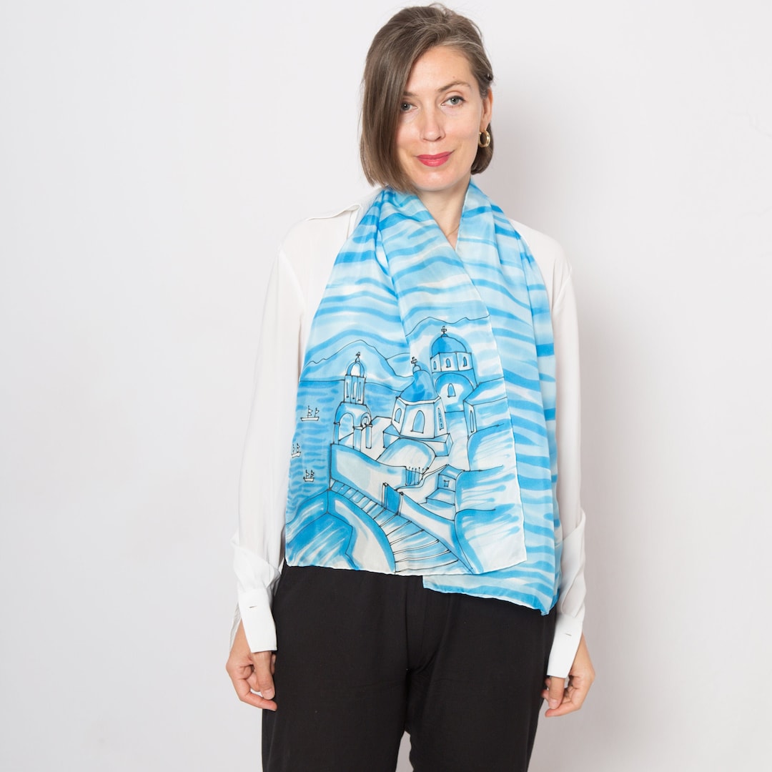 Santorini Hand Painted Silk Scarf Blue Silk Scarf Santorini Greece ...