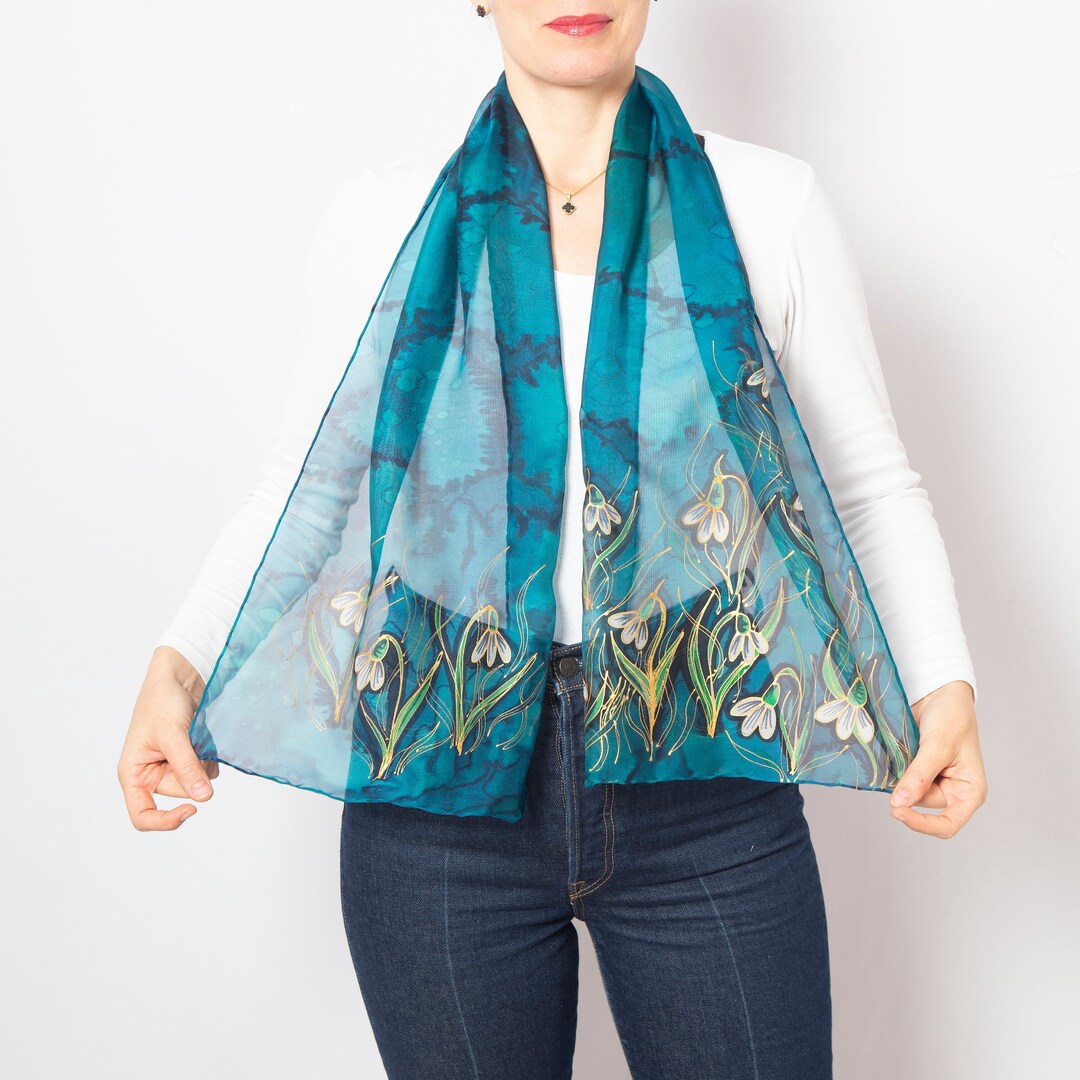 Snowdrop Hand Painted Silk Scarf Silk Chiffon Scarf Snowdrops Green ...
