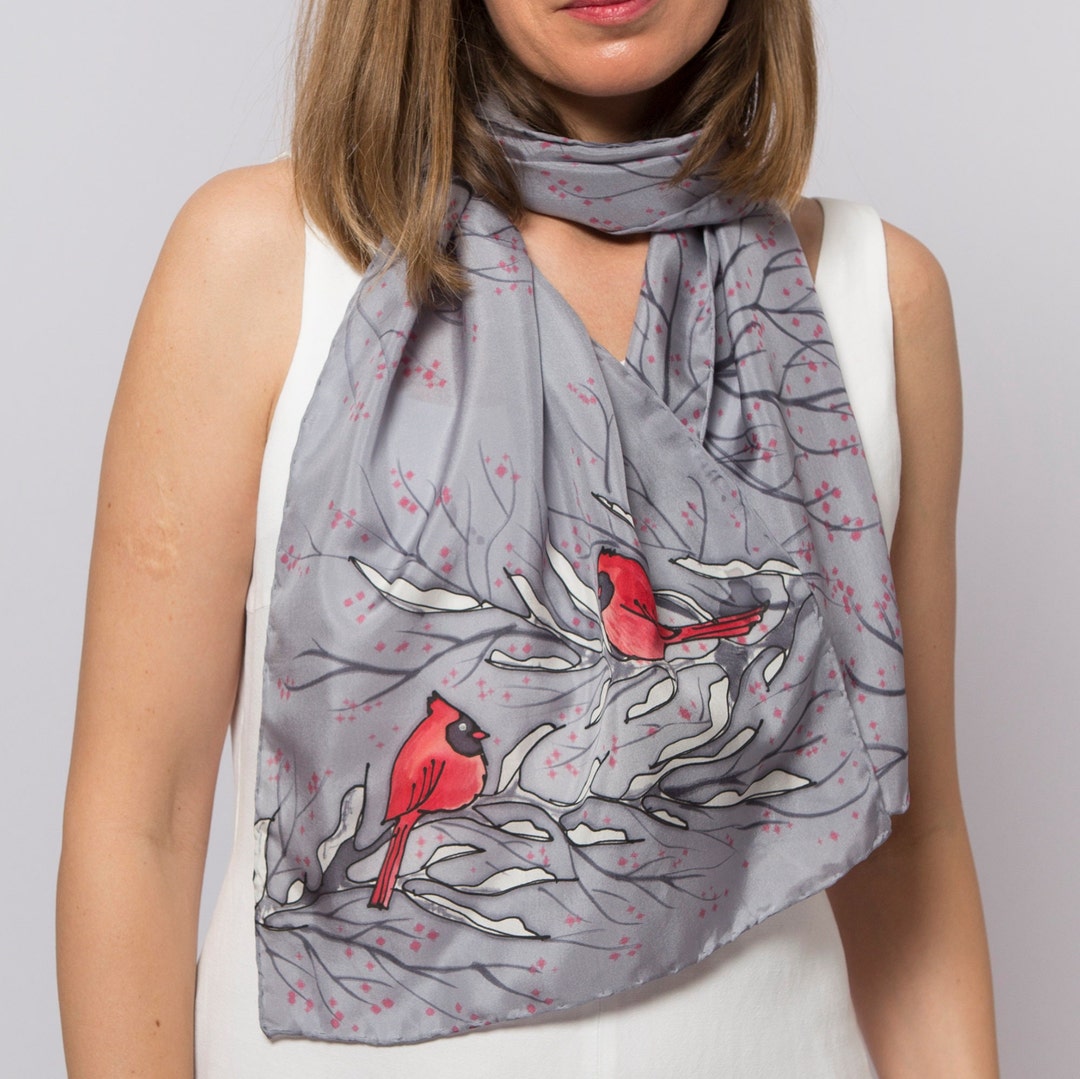 Cardinal Bird Scarf Hand Painted Silk Scarf Red Cardinal Print Grey ...