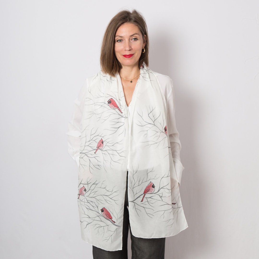 Red Cardinal Hand Painted Scarf Silk Cotton Scarf Cardinal Scarf White ...