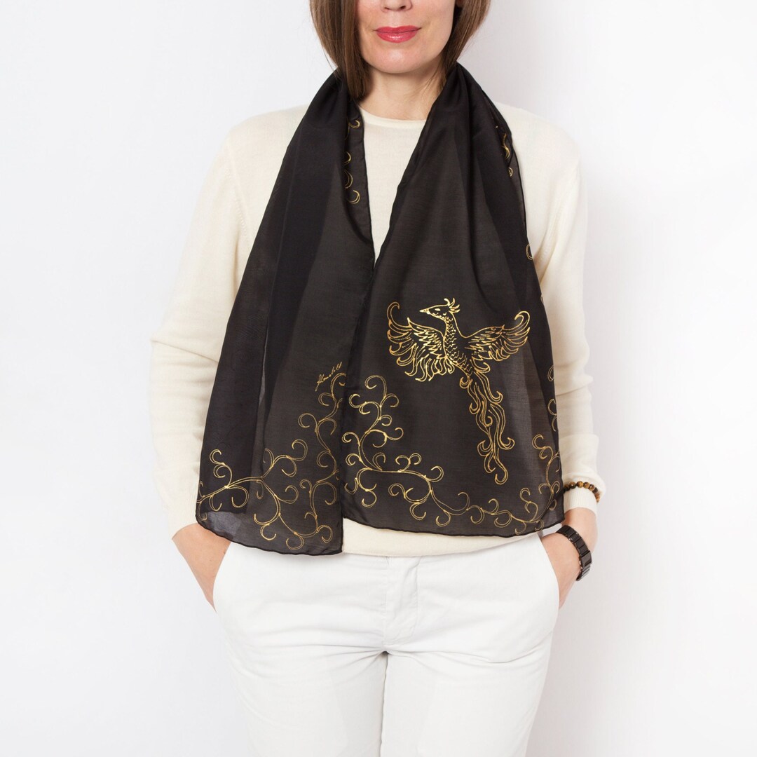 Phoenix Black Gold Hand Painted Silk Scarf Phoenix Bird Gift 53X11 - Etsy