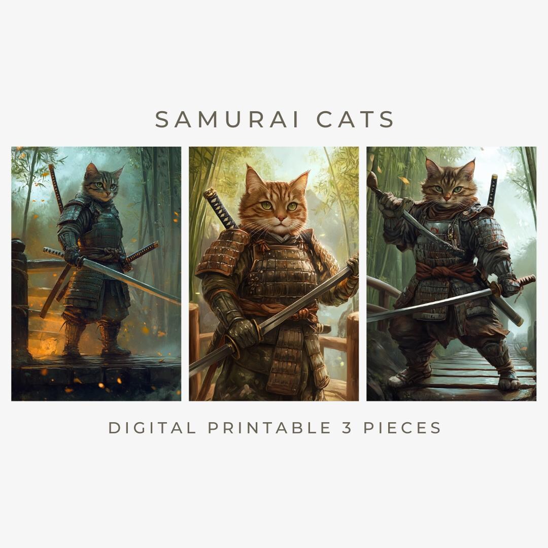 Samurai Cats Wall Art Set Bold Cat Posters Trio Japanese Themed ...