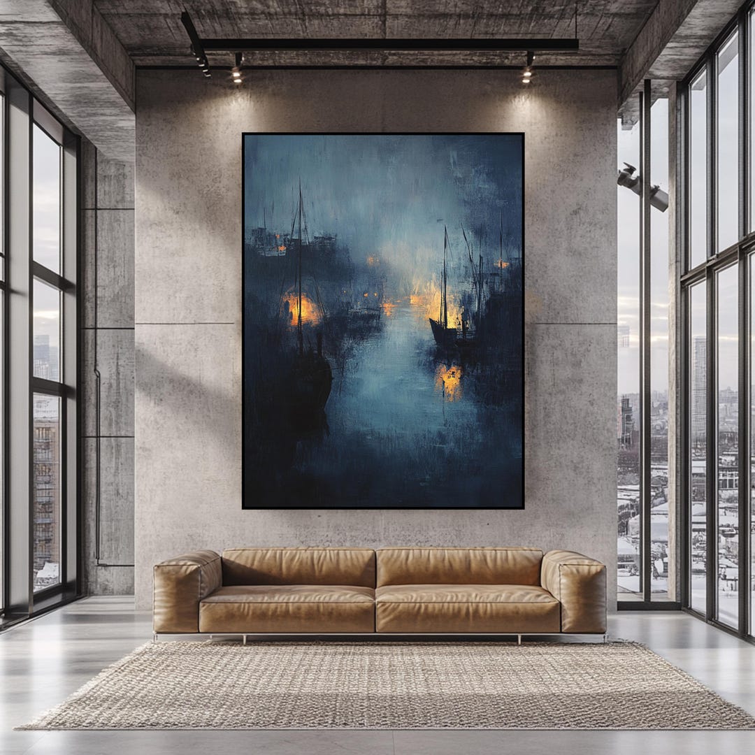 Moody Harbor | Night Seascape | Handmade Oil Painting | Coastal Wall ...