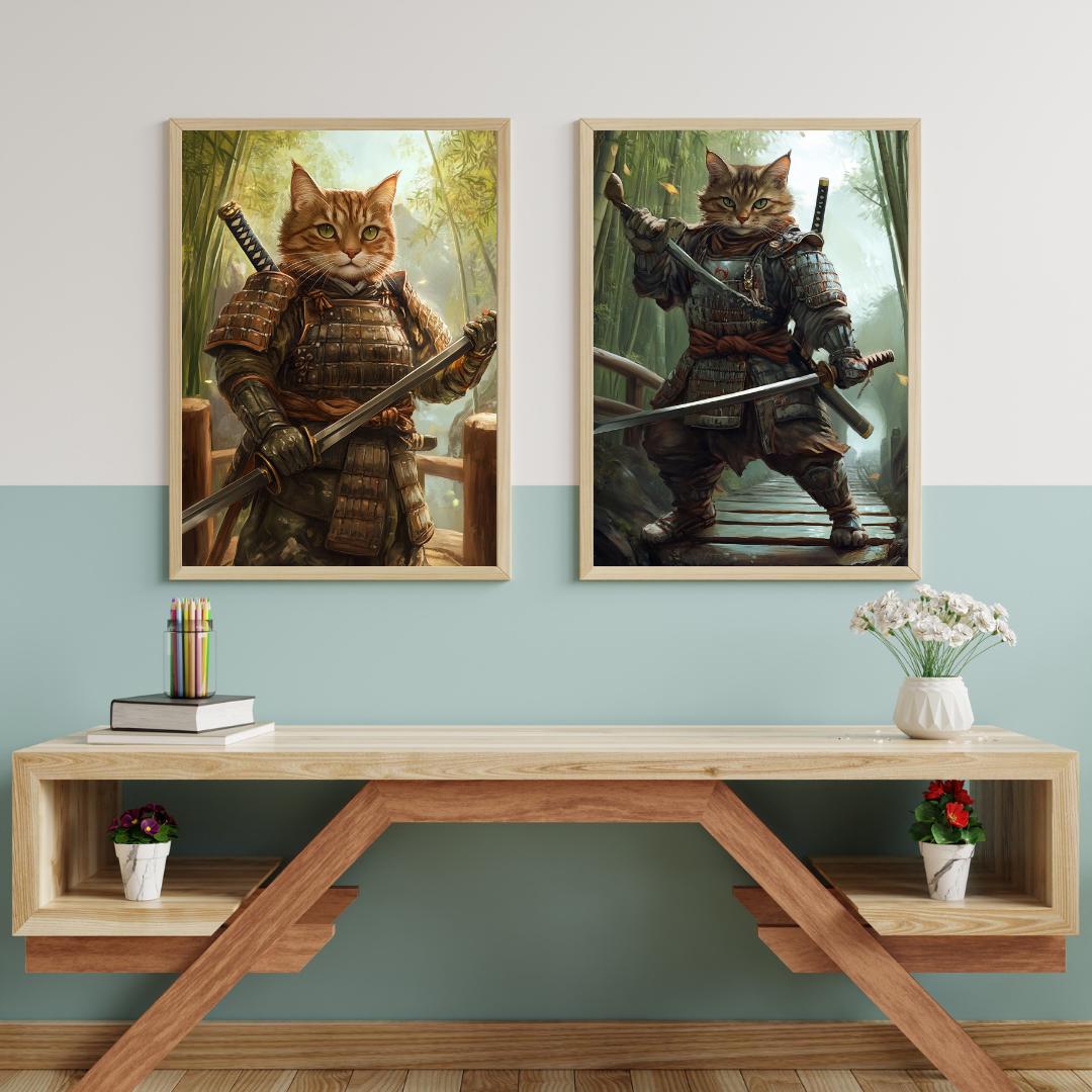 Samurai Cats Wall Art Set Bold Cat Posters Trio Japanese Themed ...