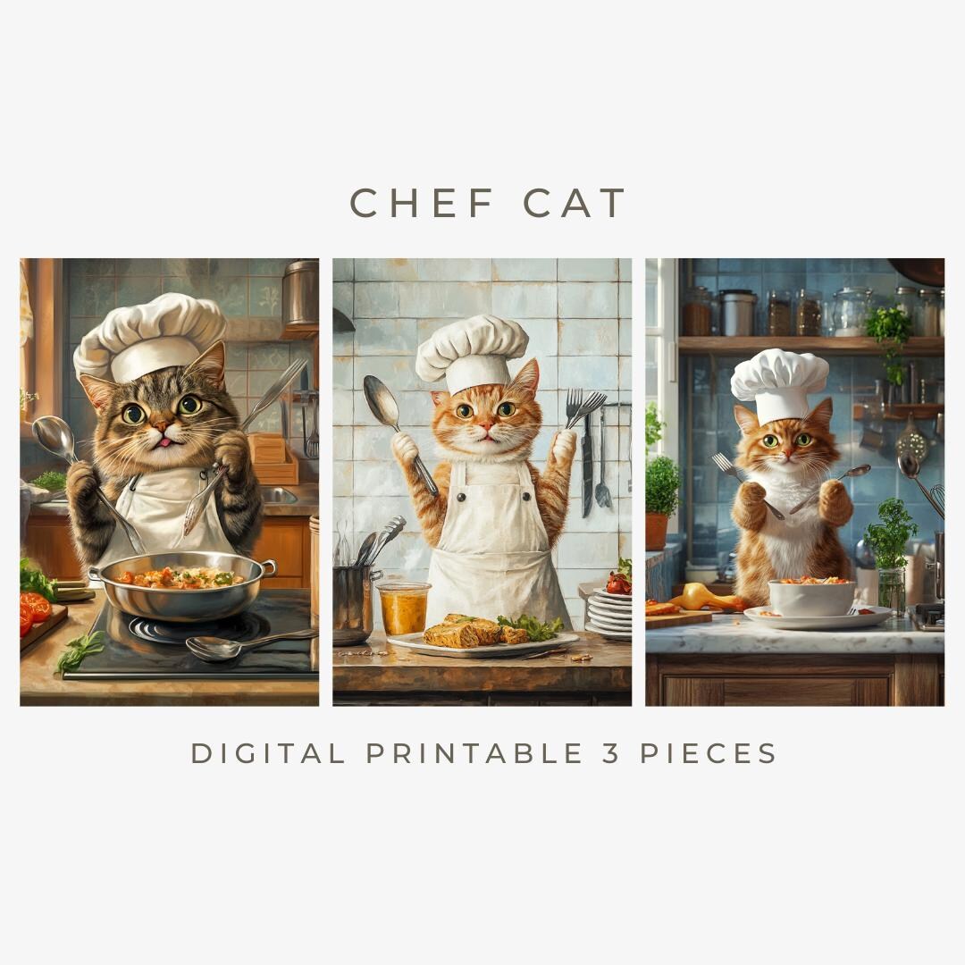 Chef Cat Wall Art Set Kitchen Themed Printable Posters Trio Funny Cat ...