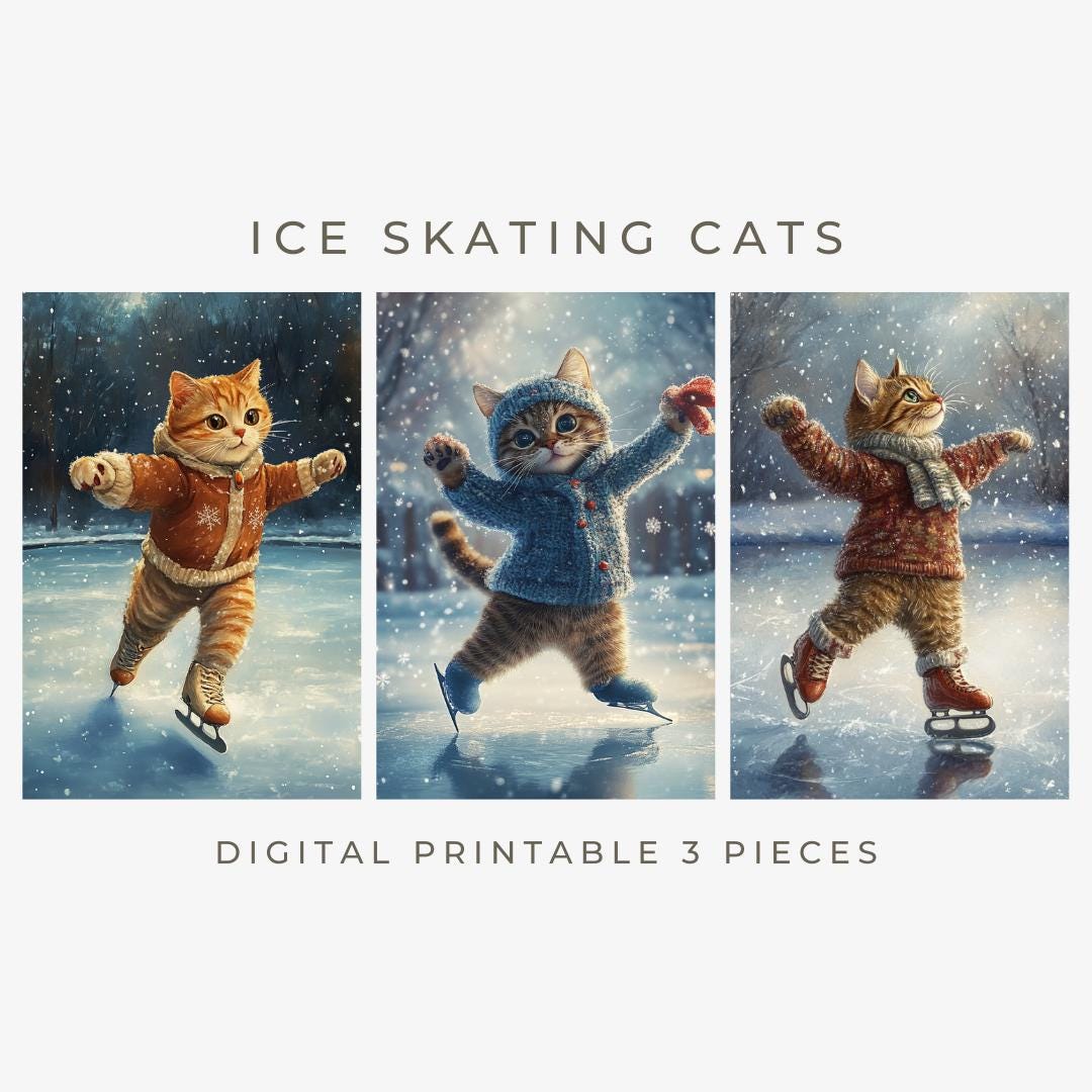 Ice Skating Cat Wall Art Set Winter Themed Printable Posters Trio Fun Cat Decor for Animal and ...