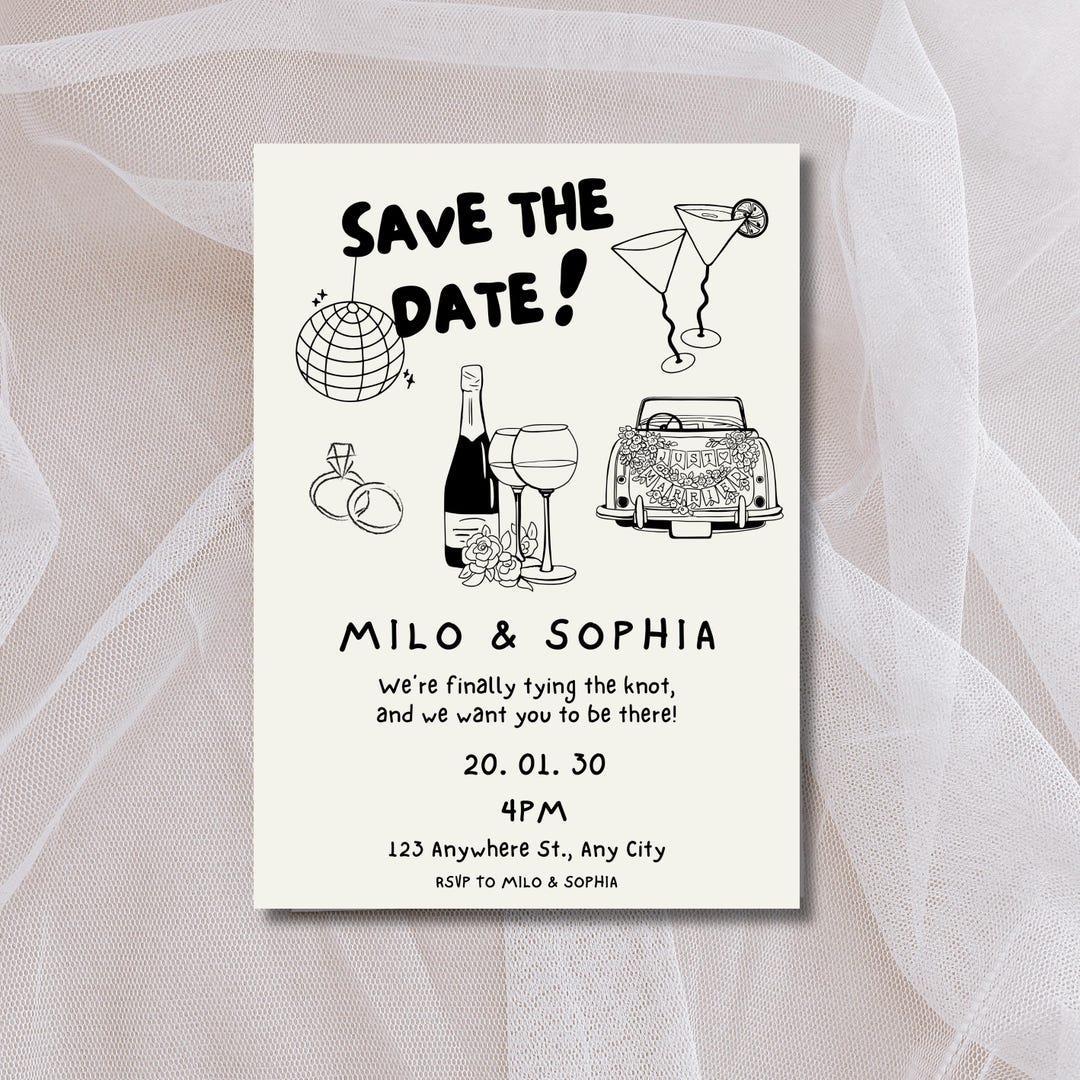 Hand Drawn Wedding Invitation Template, Fun and Quirky, Illustrated ...