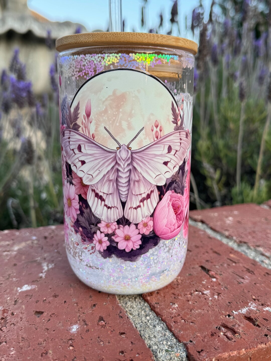 RTS Pink Lunar Moth With Cotton Candy Glitter 14 Oz Wine Glass Snow ...