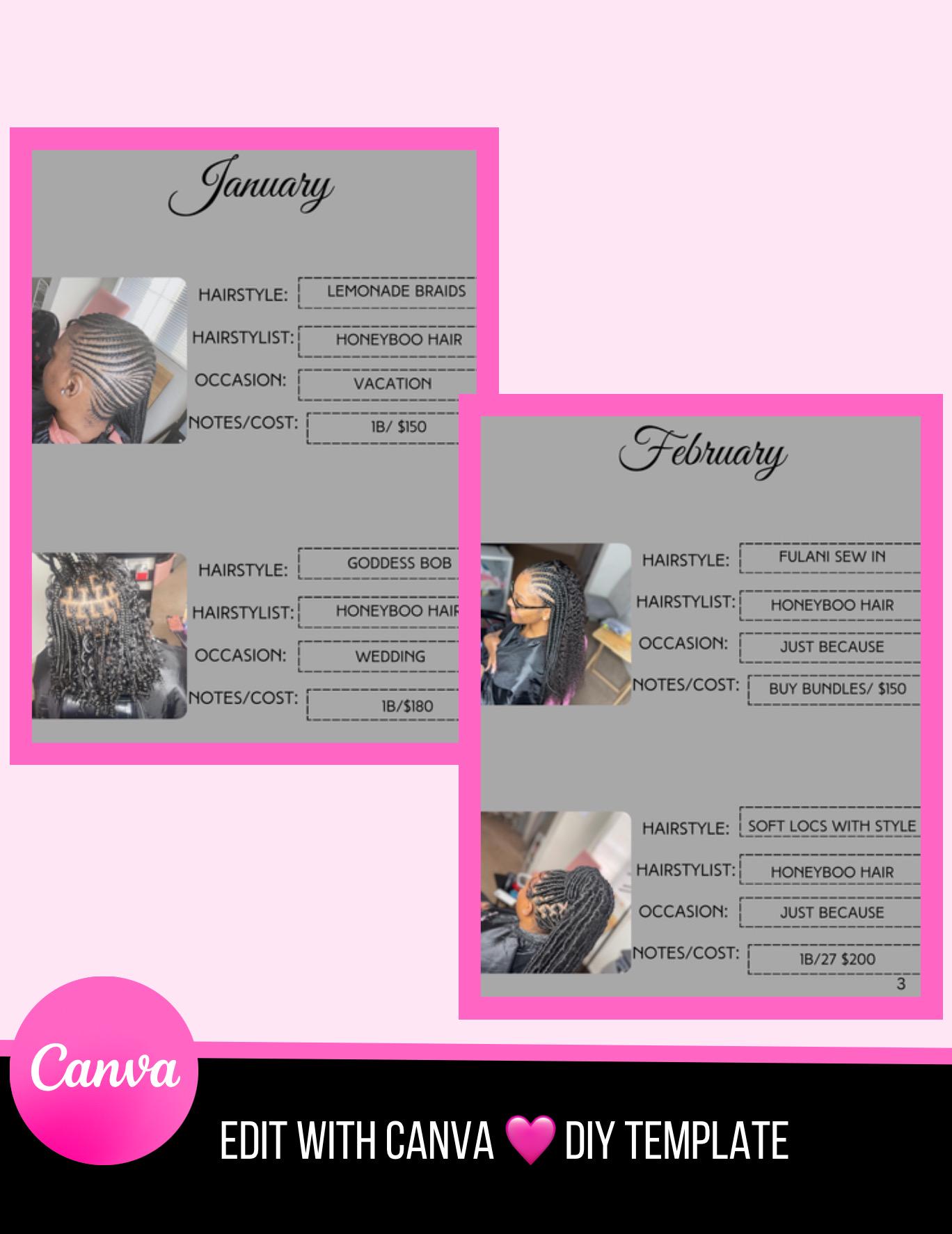 Hairstyle Calendar 2025 Template, Canva Template, Diy Hairstyle ...