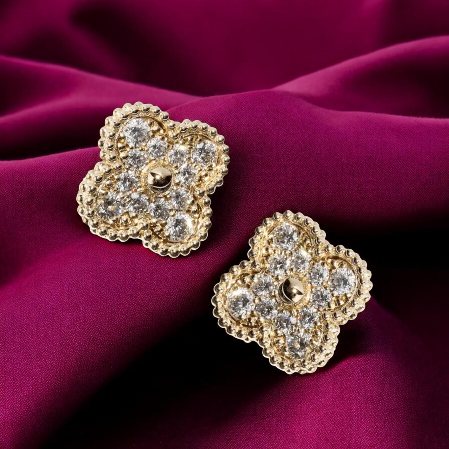 Van Cleef Alhambra Clover Studs, Elegant Gold Earrings With Diamond Design, Classic Four Leaf ...