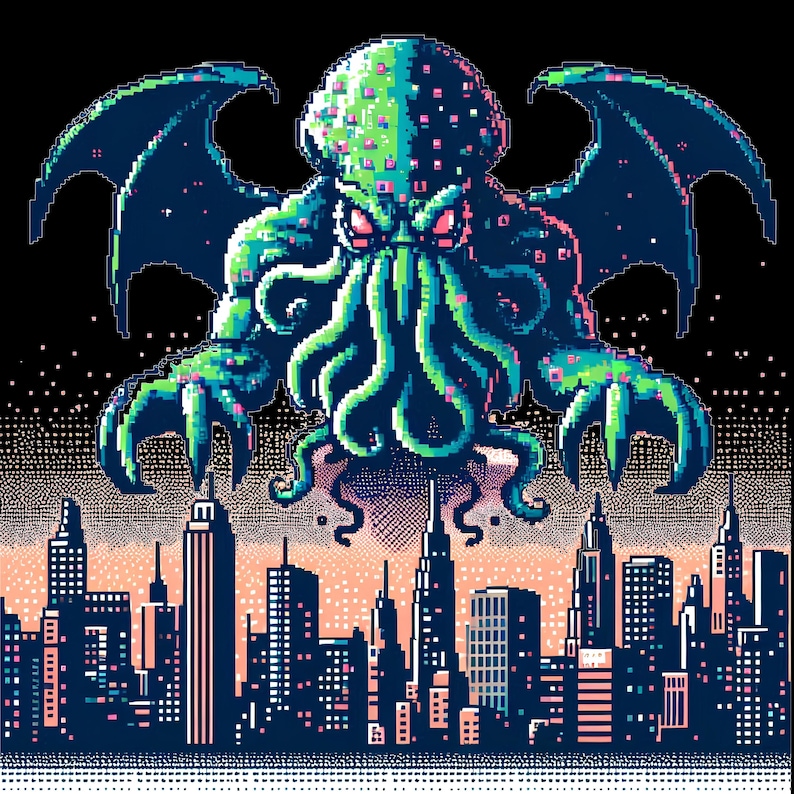Cthulhu 8 Bit Png, Retro Pixel Monster Art, Lovecraft Horror City Png ...