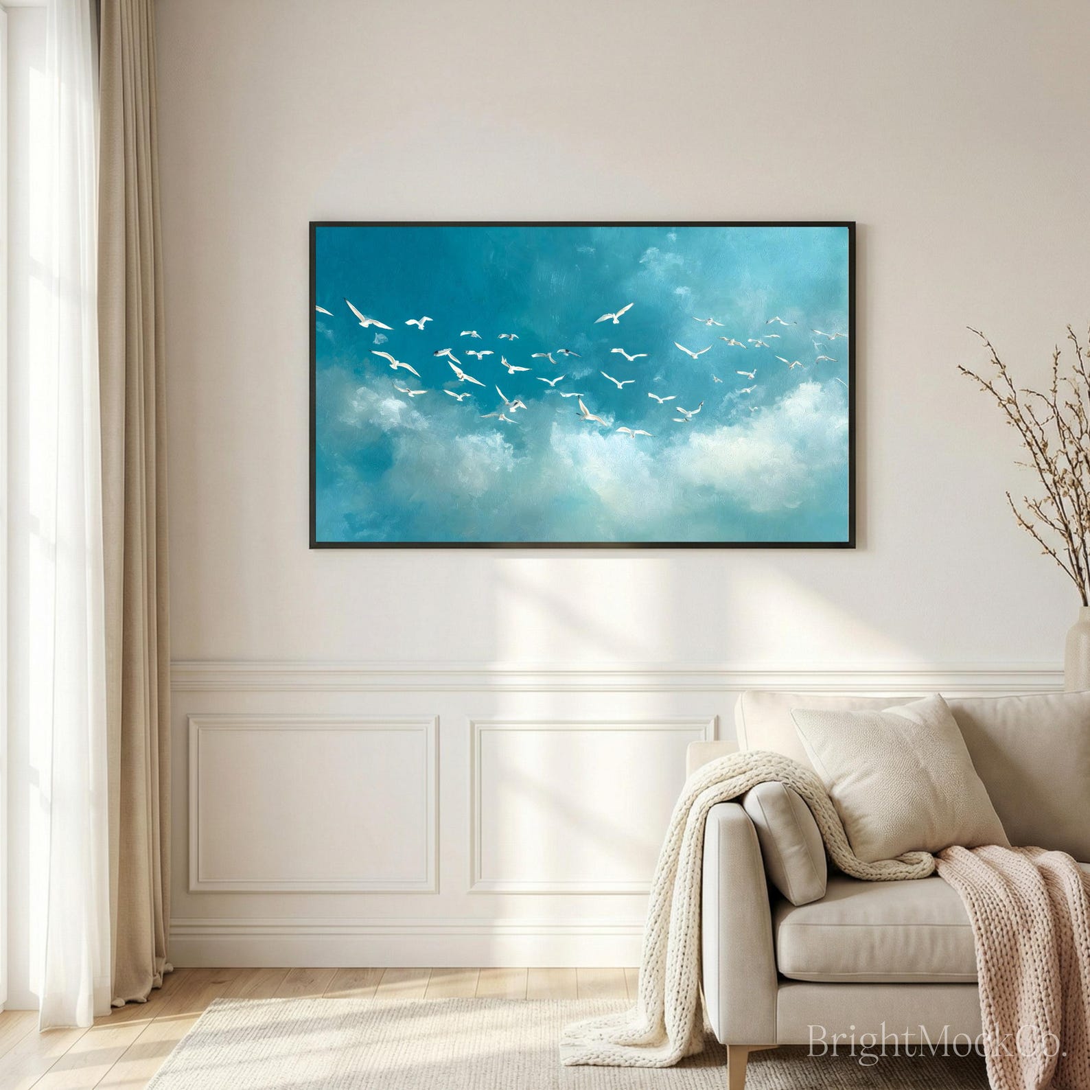 Samsung Frame TV用ブルーアブストラクトバードアート デジタルダウンロード | Japandi Seagull Painting ...