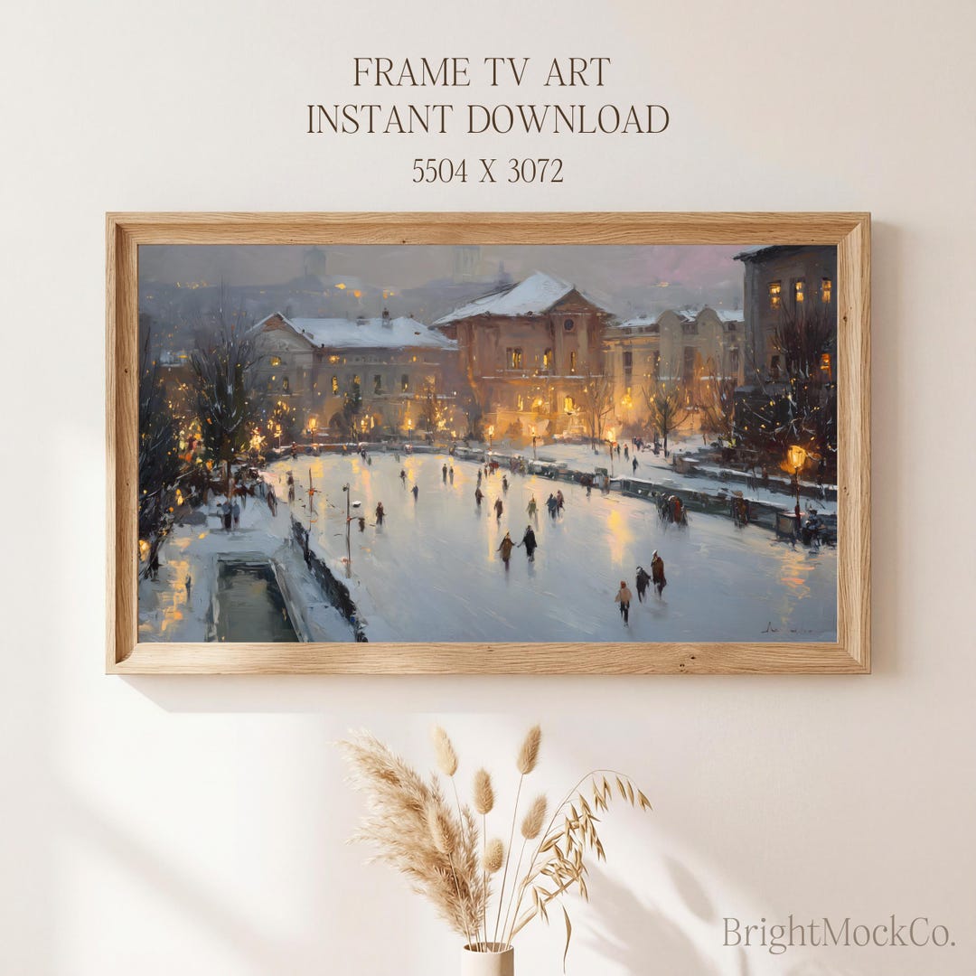 Winter Ice Skating Scene Frame TV Art, Vintage Christmas Village ...