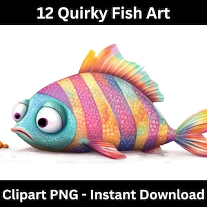 12 Quirky Fish Art, Watercolor Clipart PNG, Fantasy, Whimsical Marine ...