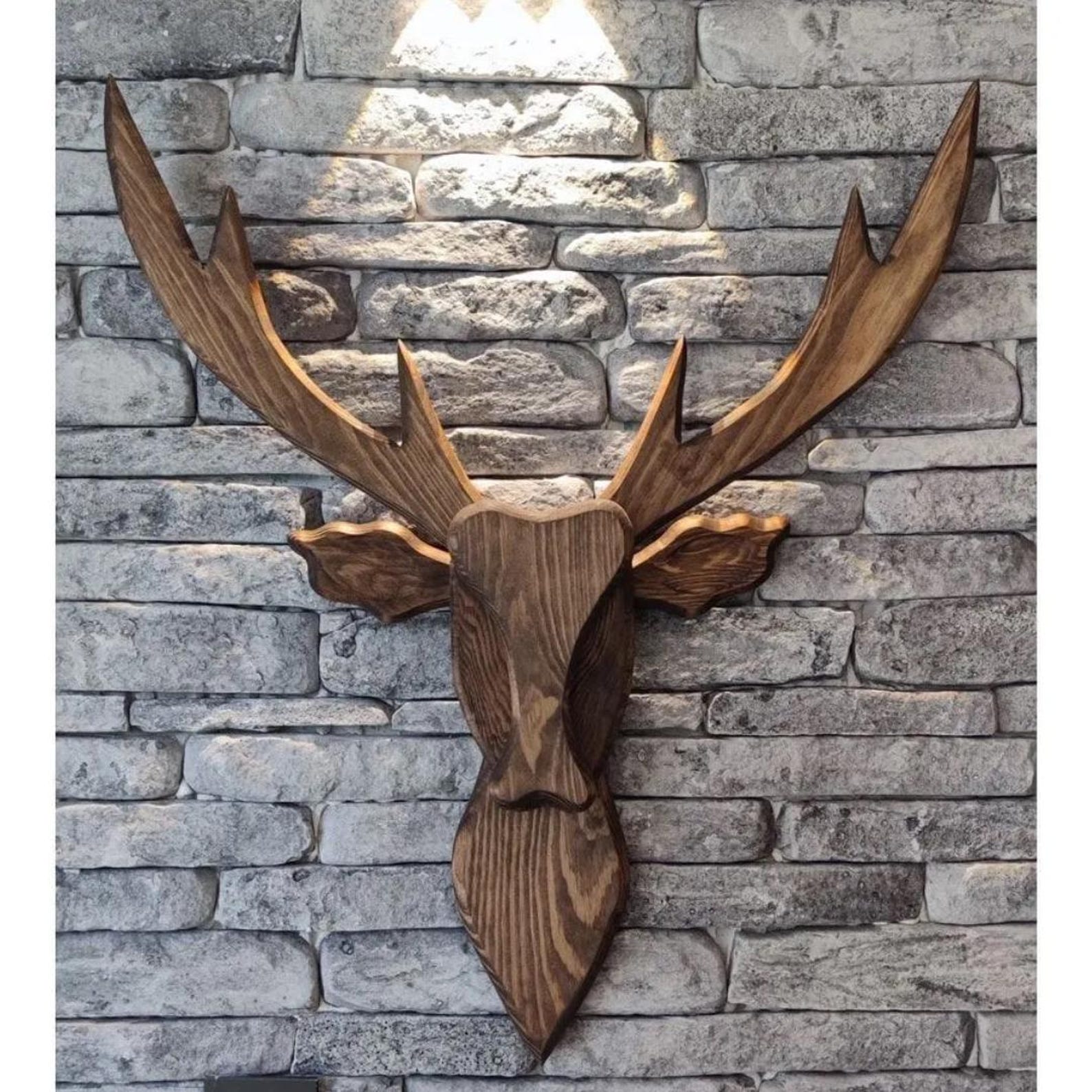 Walnut Wooden Deer Head Wall Decor: Rustic Cabin Sculpture (27.5 Inch ...