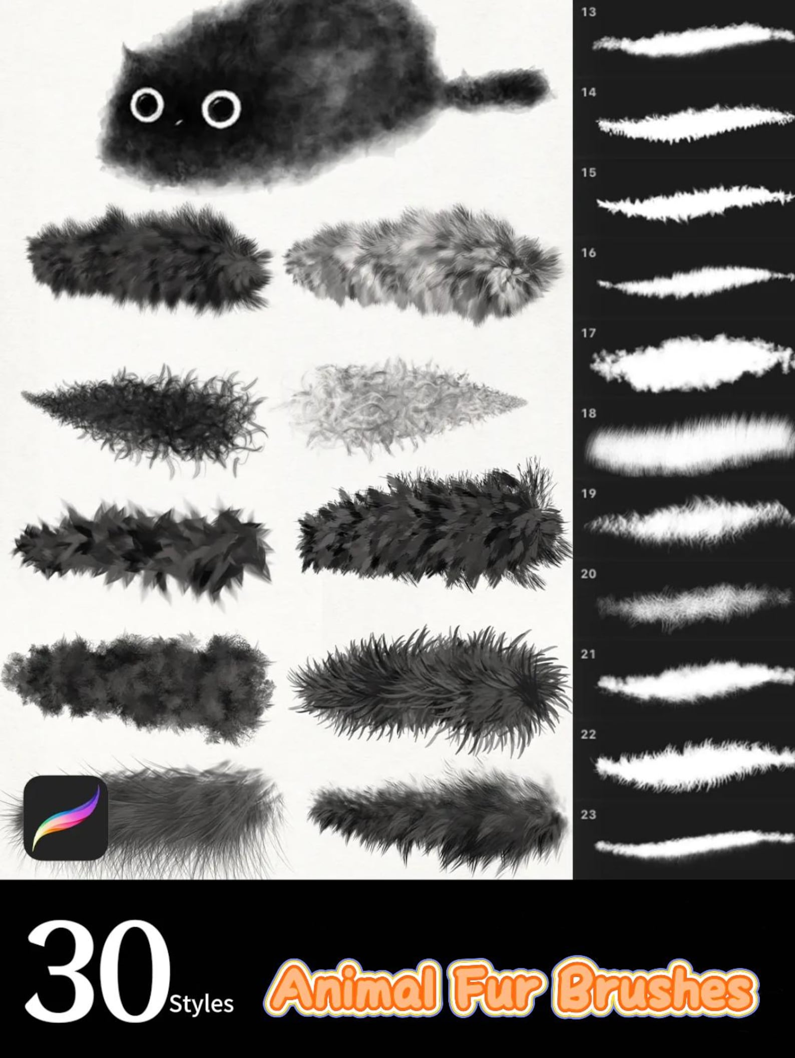 Animal Hair Procreate Photoshop Brushes Set – 30 Fluffy Fur, Fuzzy ...
