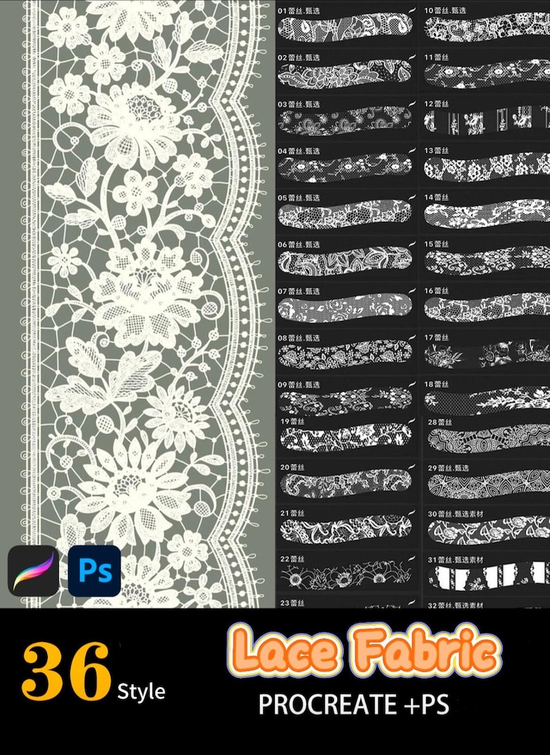 Lace Fabric Brushes: 36 Fashion Design Patterns (procreate/photoshop ...