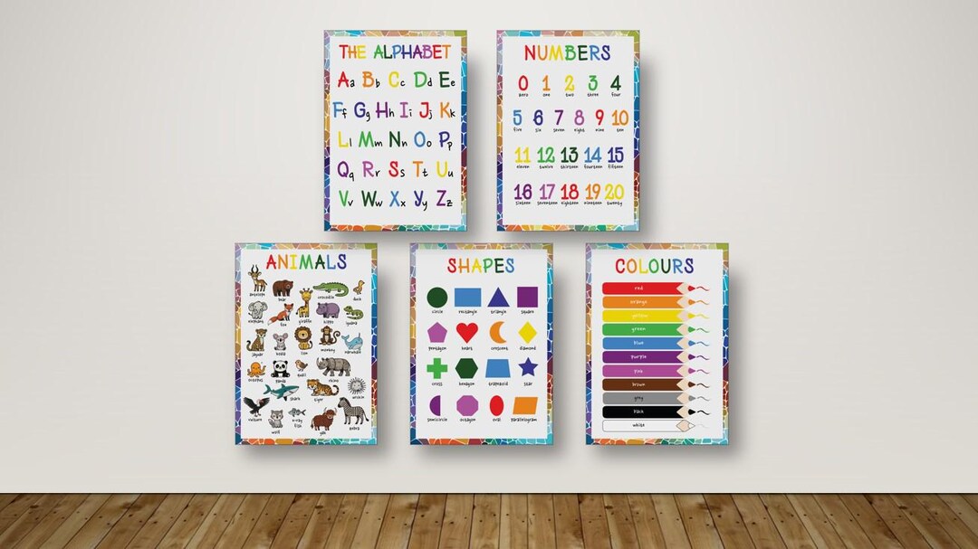 Printable Kids Wall Art Set: Rainbow Alphabet, Numbers, Shapes & Colors ...