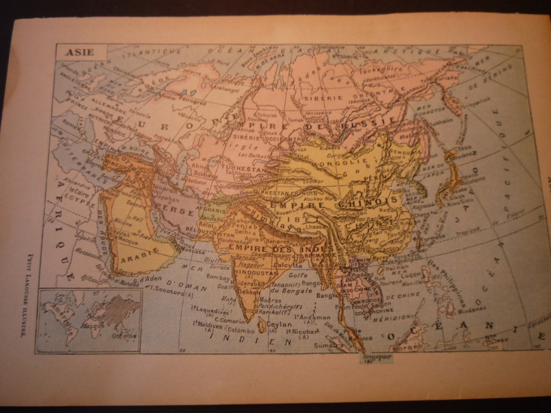 Map of Asia - 1920s Color Lithograph - Original French Dictionary ...