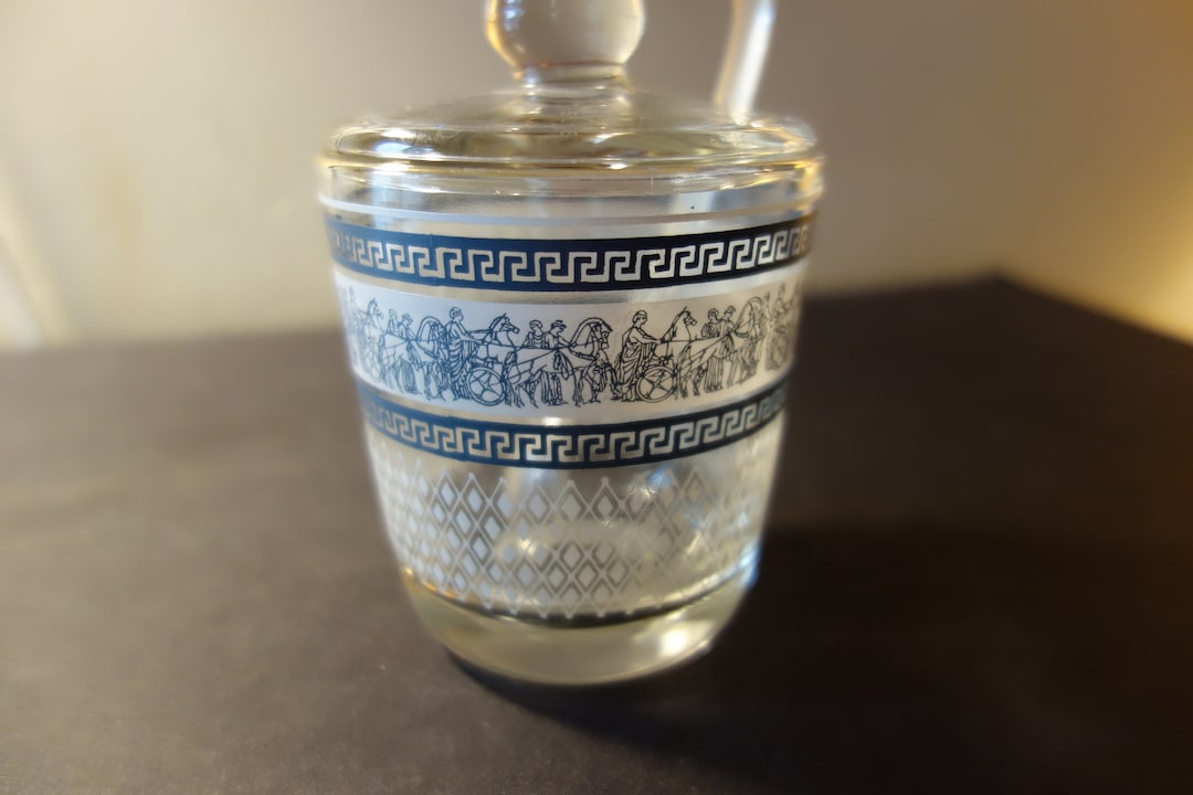 Condiment Jar Decorated Blue and Silver Pattern Greek Keys Atomic Style ...