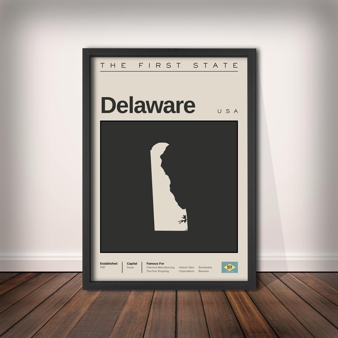 Delaware Minimalist Wall Art Poster Black - State Outline and Famous ...
