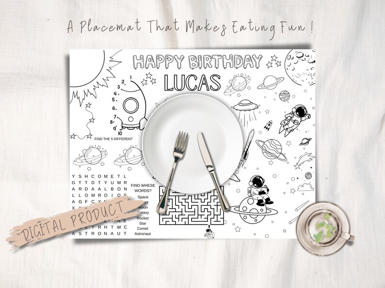 Space Themed Coloring Digital Placemat, Kids Coloring Page, Fun and ...