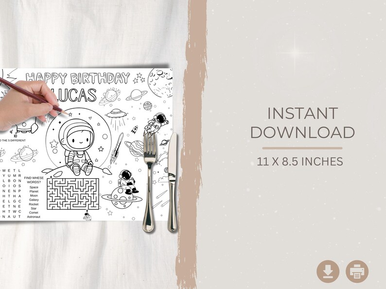 Space Themed Coloring Digital Placemat, Kids Coloring Page, Fun and ...
