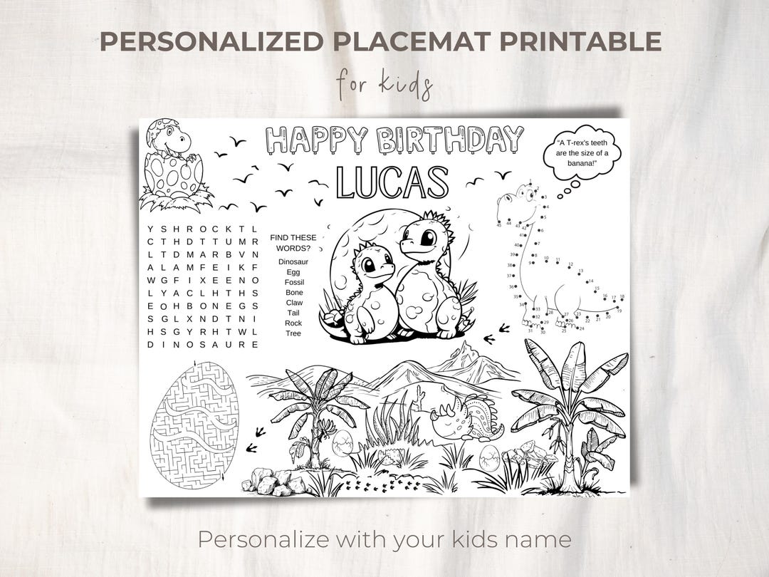 Printable Dinosaur Coloring Placemat- Digital Kids Activity Mat- Dino ...