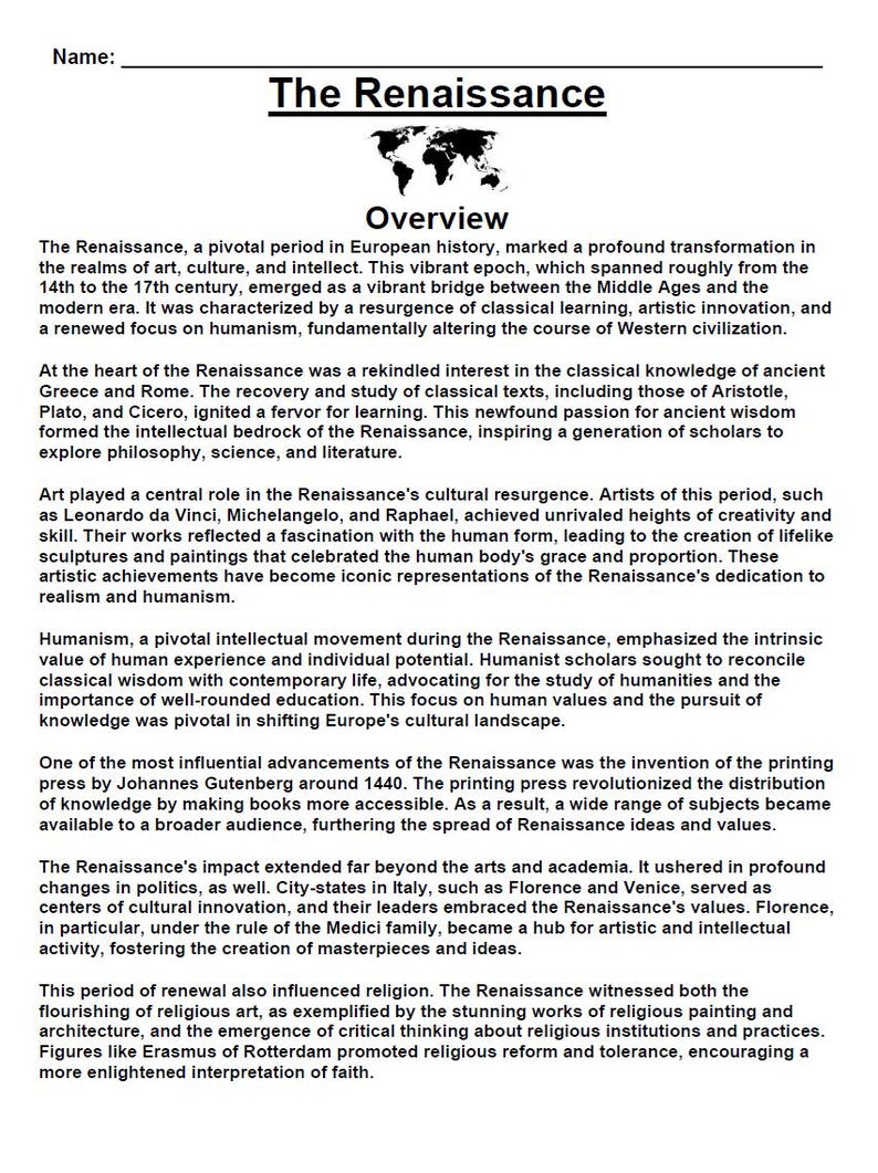 The Renaissance Worksheet Packet 29 Assignments - Etsy