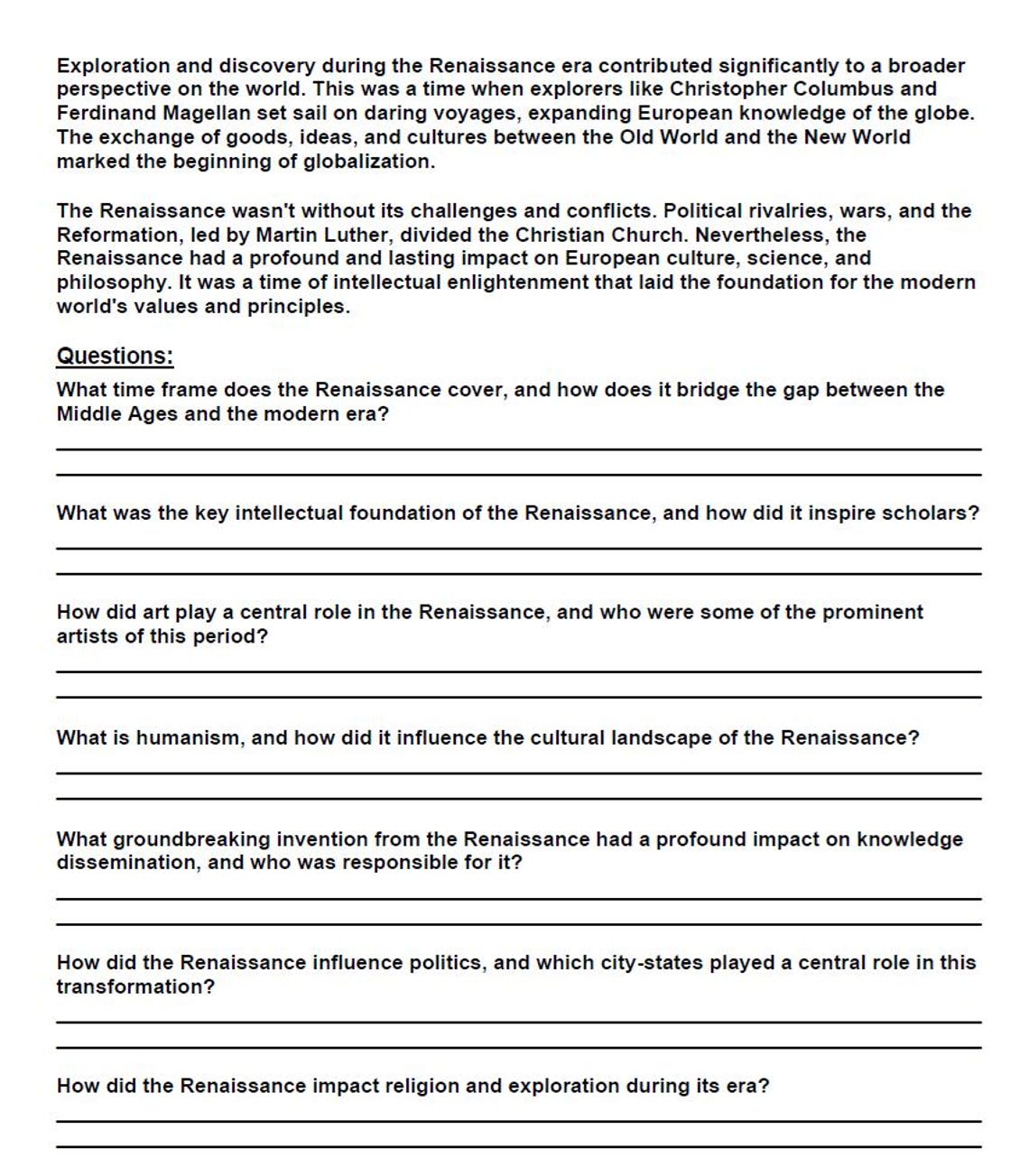 The Renaissance Worksheet Packet 29 Assignments - Etsy