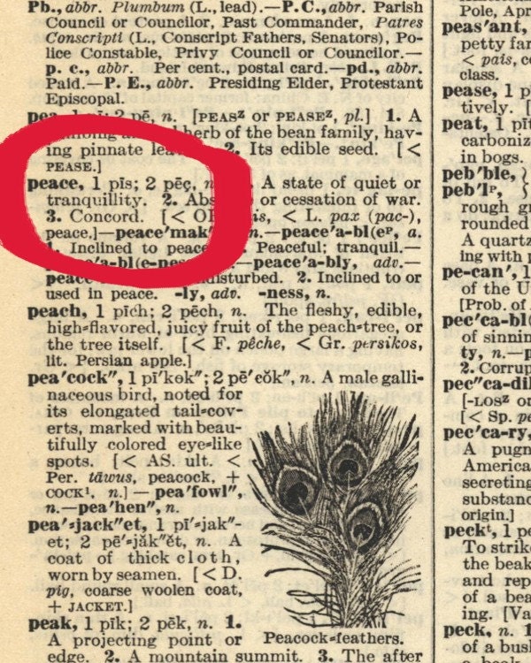 Vintage Dictionary Cards PEACE With Delicate Peacock - Etsy