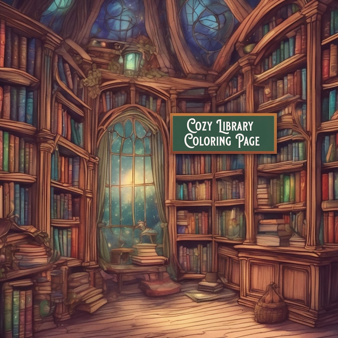 Cozy Library Coloring Page | Printable Adult Coloring Page | Coloring ...