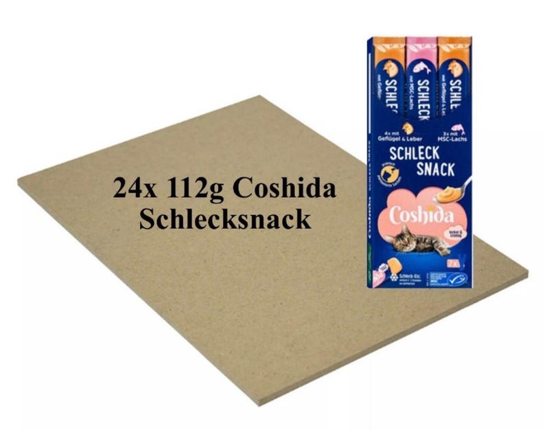 Katzenbrett + 24x 112g COSHIDA Schleck Snack Geflügel, Leber / MSC ...