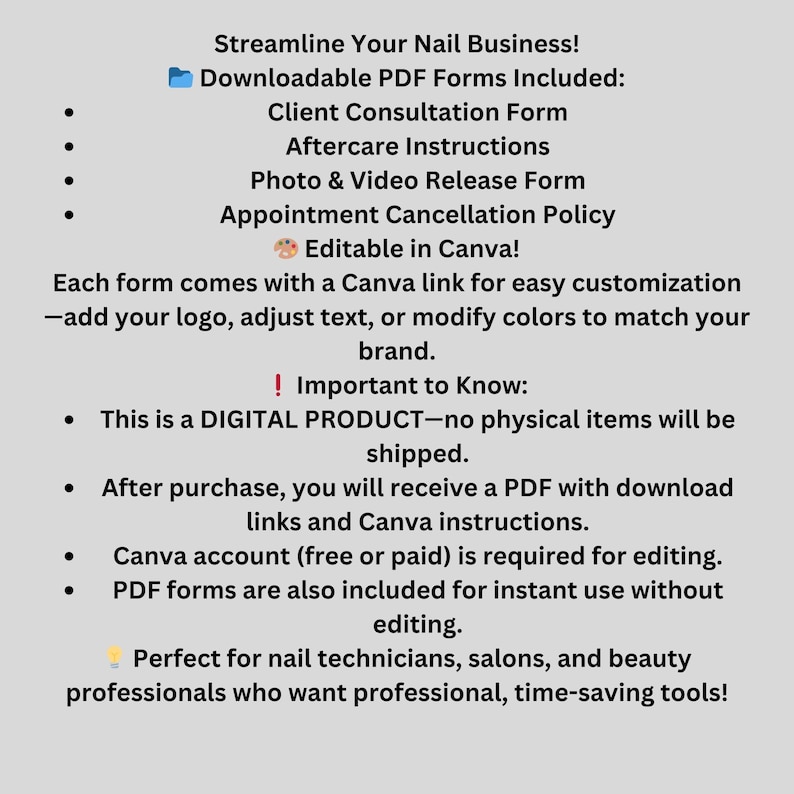 Editable Nail Technician Forms Bundle | Client Consultation, Aftercare ...