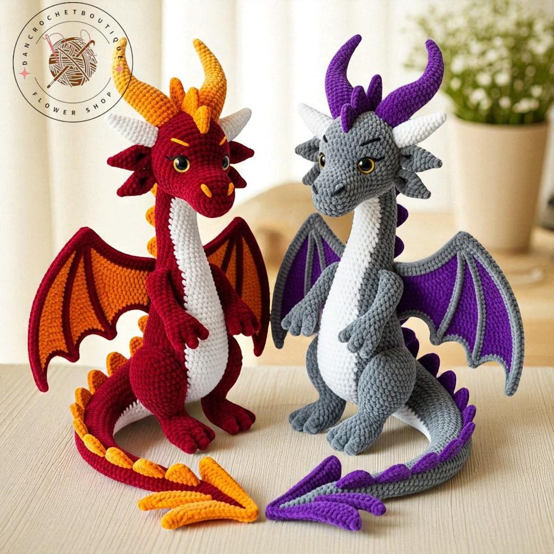 Large Fantasy Dragon Plush Handmade Crochet Amigurumi, Majestic Stuffed ...