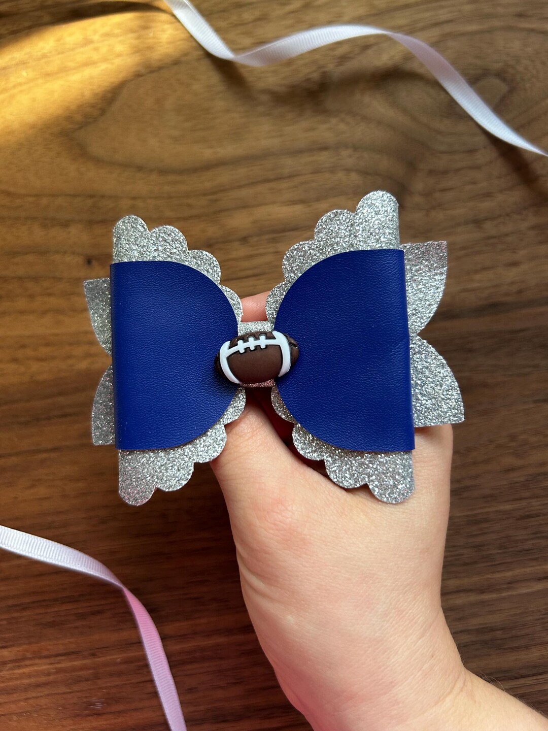 Navy Blue and Silver Football Bow, Game Day Bow, Football Accessory for ...