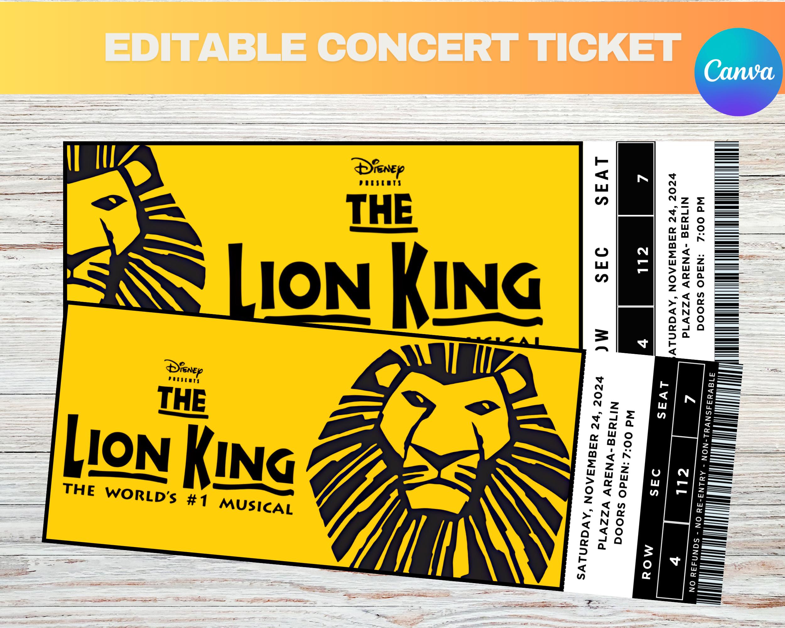 Printable Lion King Ticket, Editable Lion King Ticket, Musical Fake ...