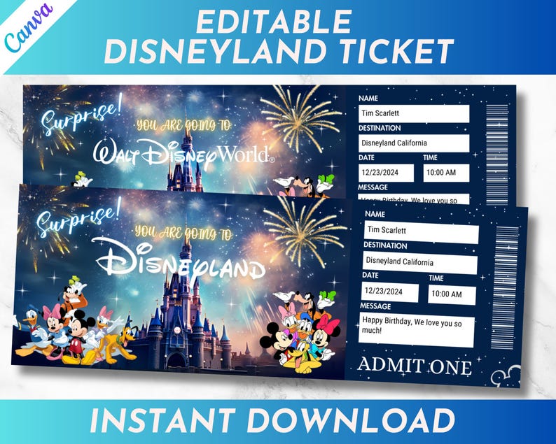 Editable Disneyland Ticket, Disneyworld Ticket, Surprise Reveal ...