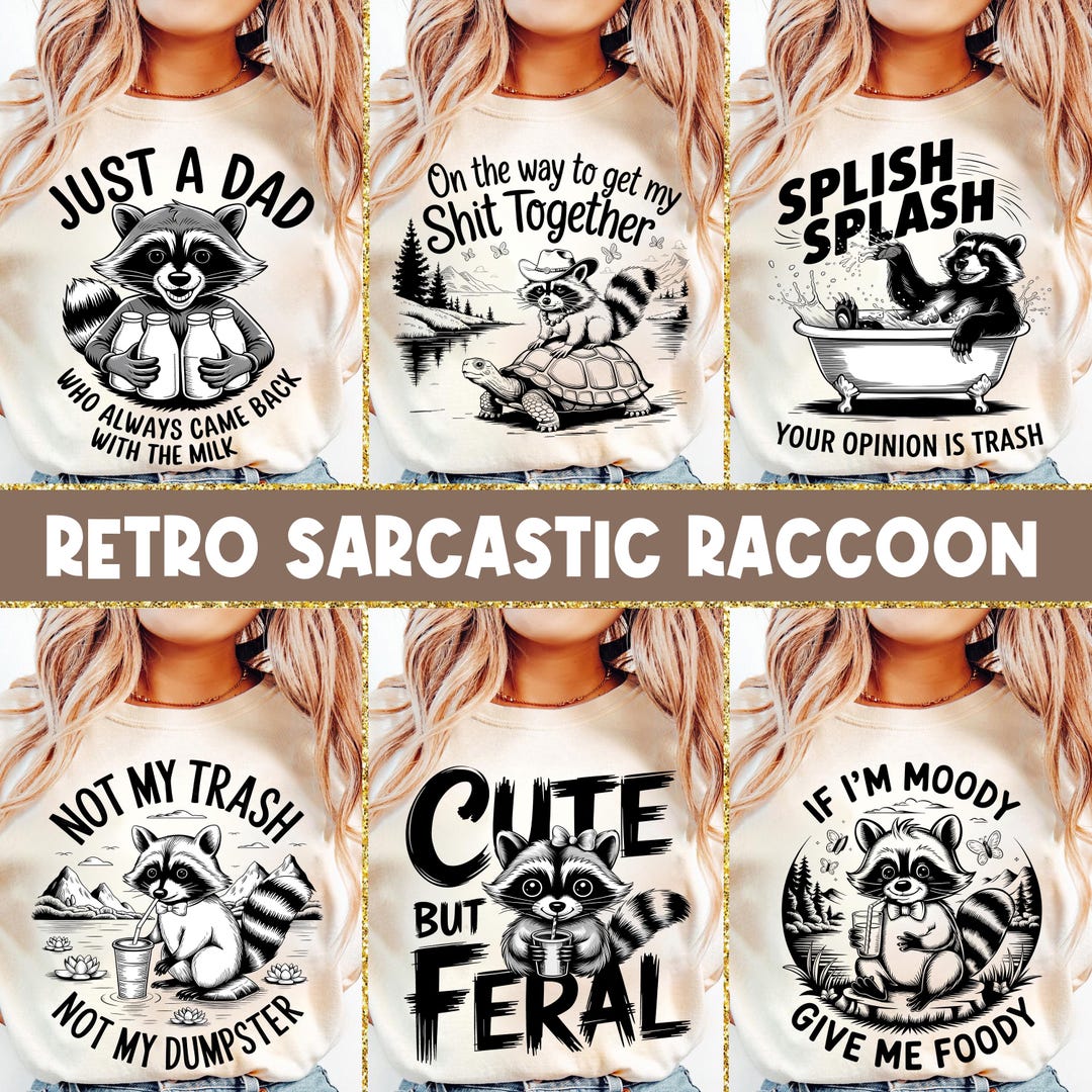 15 Retro Sarcastic Raccoon Png Bundle, Funny Vintage Raccoon Design Png ...