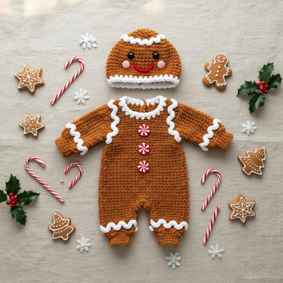 Gingerbread Man Baby Crochet Outfit, Handmade Christmas Infant Romper ...