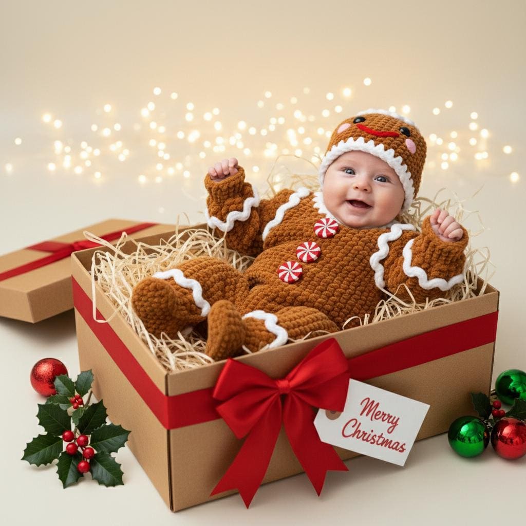 Gingerbread Man Baby Crochet Outfit, Handmade Christmas Infant Romper ...