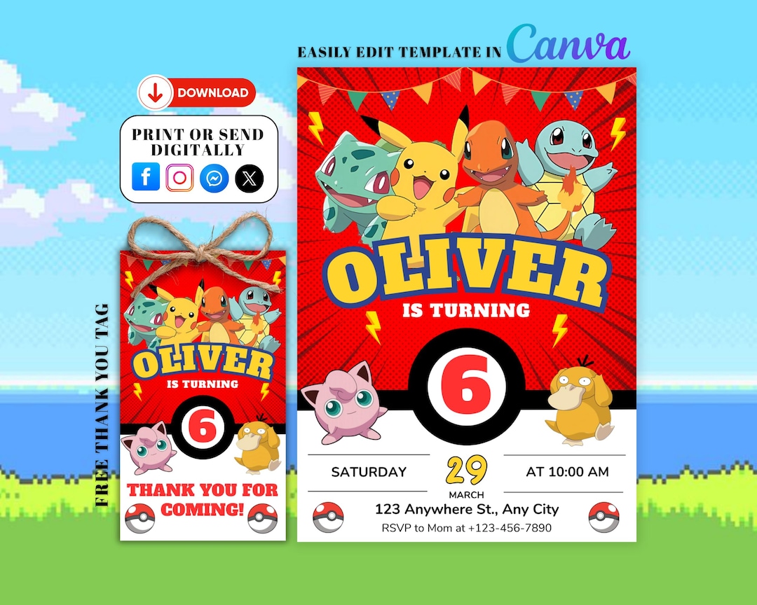 Editable Pokemon Invitation, Pokemon Birthday Invitation, Printable ...