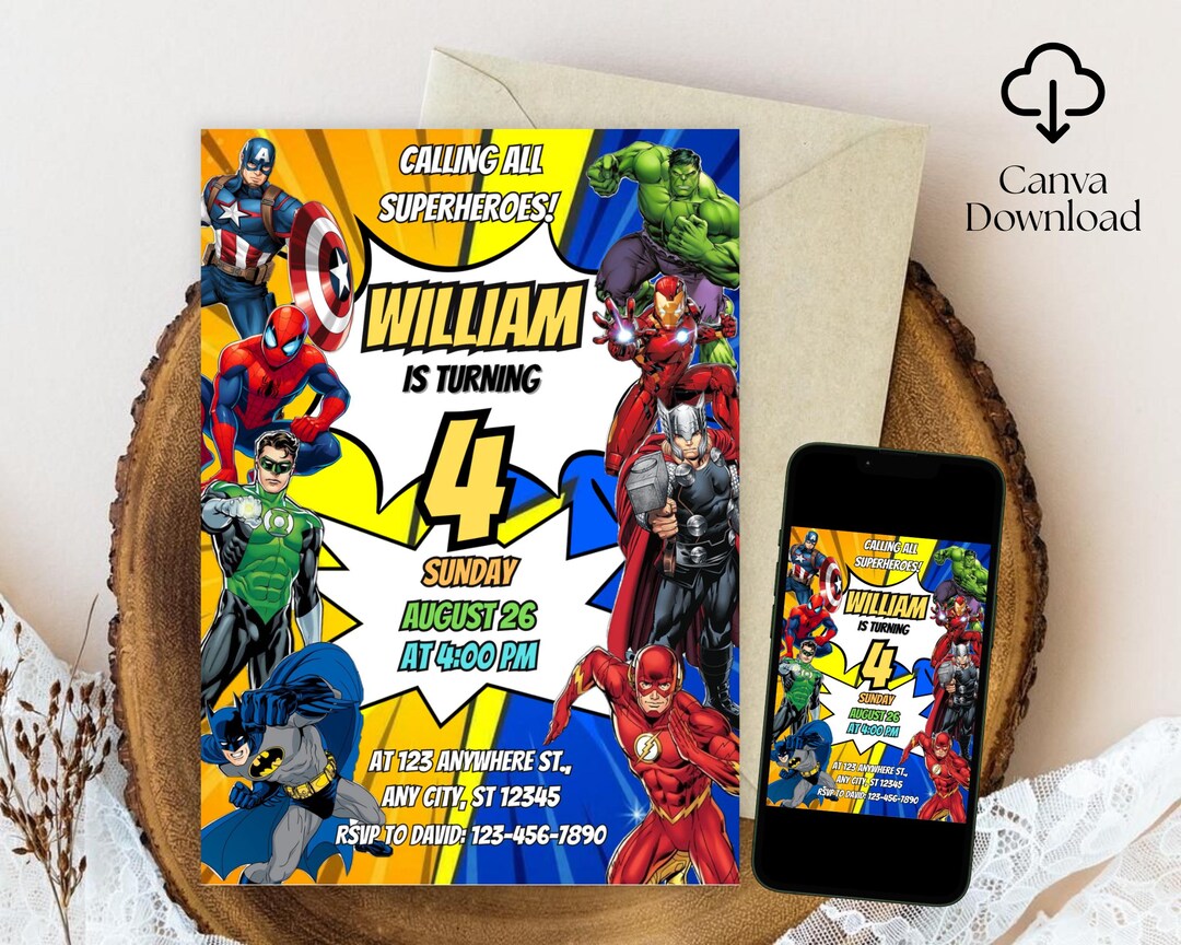 Editable Superheroes Birthday Invitation, Superhero Birthday Invite ...