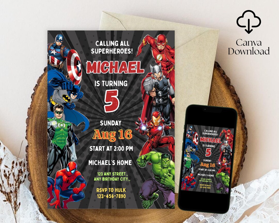 Editable Superheroes Birthday Invitation, Superhero Birthday Invite ...