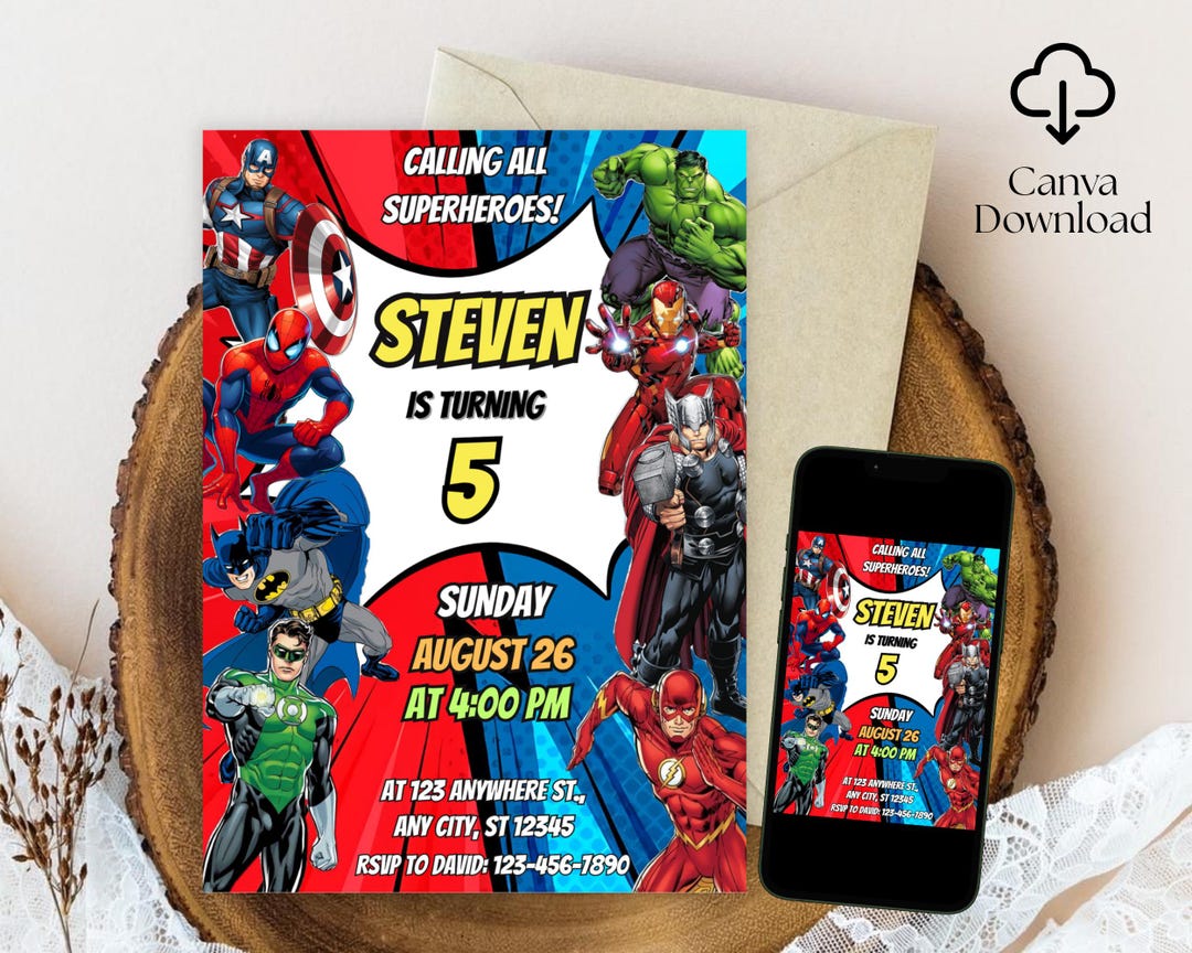 Editable Superheroes Birthday Invitation, Superhero Birthday Invite ...