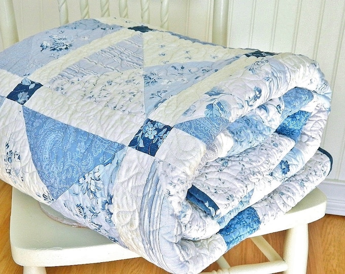 Twin Quilt Shabby Chic HANDMADE Patchwork Twin Bed Quilt Blue White ...